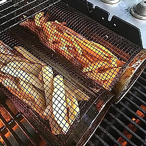 DMFC 2pcs Rolling Grilling Basket Stainless Steel Rolling Grill Baskets for Outdoor Grill Round BBQ Basket Camping Grill Suitable for Vegetable, Fries, Fish (12.2X3.6X3.6in)