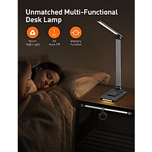 sympa Metal LED Desk Lamp, 12W Desktop Office Lamp, Reading Desk Light with 5V/2A USB Port, 5 Color Temperatures, 6 Brightness Levels, Touch Control for Dorm, Home Office, Bedroom, Living Room Grey