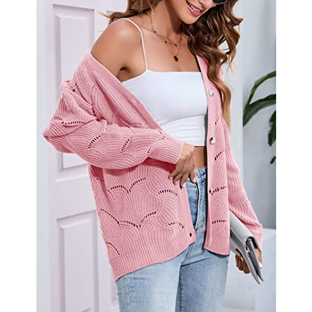 KOJOOIN Women's Crochet Cardigan Lightweight Kimono Long Sleeve Hollow Out Kint Outwear Sweater Barbie Pink M