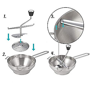 Rotary Food Mill Potato Ricer with 3 Interchangeable Disks, Great for Making Puree or Soups of Vegetables, Baby Foods, Stainless Steel 2-Quart Kitchen Mills, Easy Clean & Easy Assemble