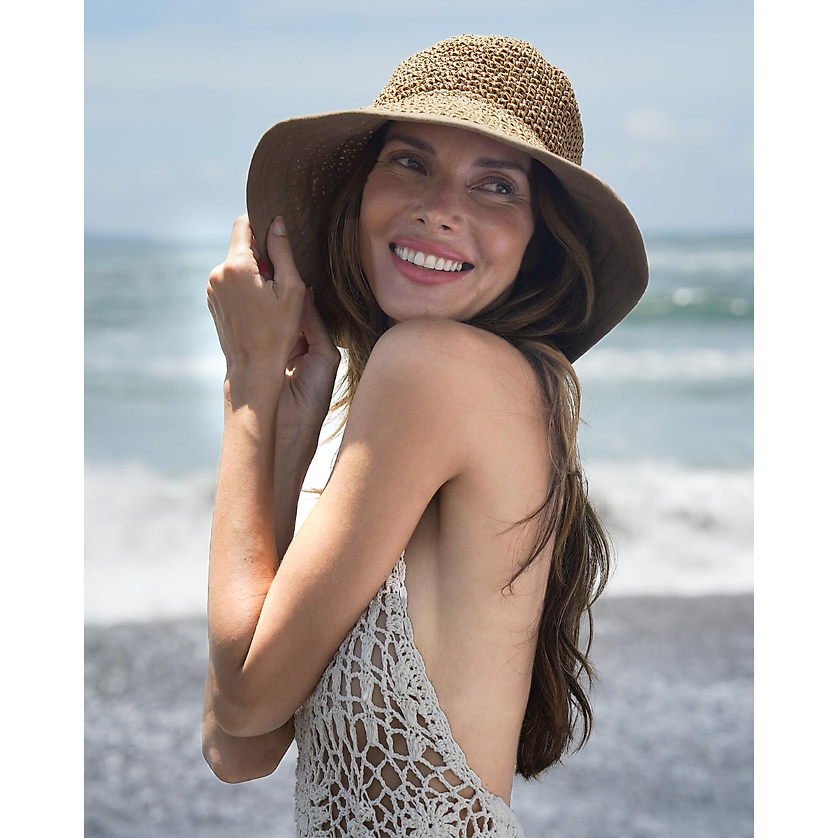 FURTALK Sun Hats for Women Summer Beach Hat Wide Brim Handmade Straw Hat Foldable Packable UPF 50 Crochet Travel Bucket Hat Khaki