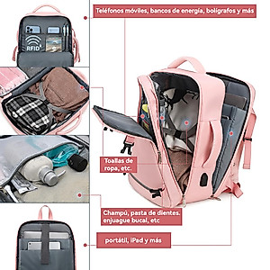 XJ-HOME Women Travel Laptop Backpack with USB Charging Port, Backpack for Traveling on Airplane with Laptop Compartment, Carry on Backpack Flight Approved with Luggage Strap, Fit for 15.6" Laptop,Pink