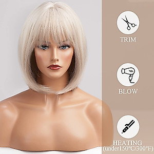 HAIRCUBE 12 Inch Blonde to White Bob Wigs with Bangs Ombre to Blonde Hair Synthetic Heat Resistant for Women