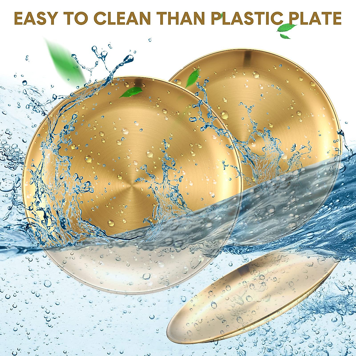 Honeydak 10 Pcs 18/8 Stainless Steel Plate 304 Stainless Steel Dishes 8 Inches Adult Plates Reusable Camping Plates Dishwasher Safe Feeding Serving Flat Plate Double Layers Round Dessert Plate (Gold)