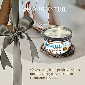 MAGNIFICENT 101 Home Blessing Aromatherapy Candle for Love and Laughter - Sage, Bergamot, Sandalwood Scented Natural Soybean Wax Tin Candle for Purification and Chakra Healing Under $20