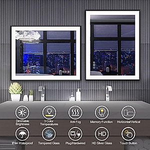 SBAGNO 32X24 LED Bathroom Mirror with Lights, Black Frame 3 Color Modes Wall-Mounted Vanity Mirror, Dimmable Smart Makeup Mirror, Anti-Fog, Waterproof, Build in Bluetooth Speaker