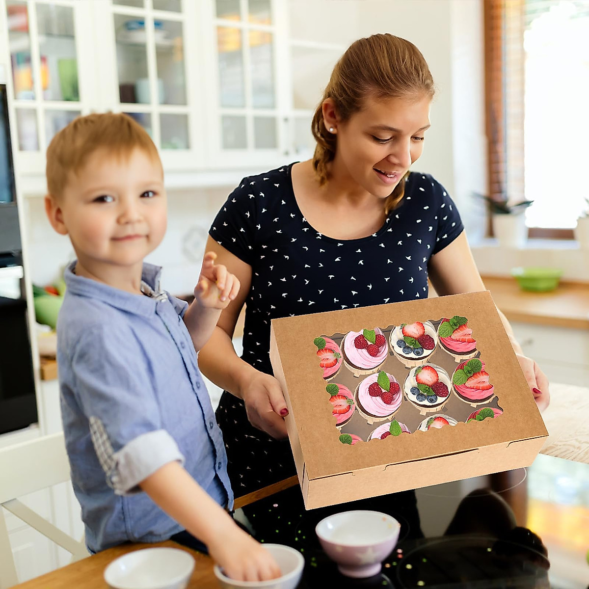 Jucoan 20 Pack Kraft Cupcake Boxes Containers with Clear Display Window, Brown Cake Trays Holder for Cookies, Muffins Pastries, Holding 12 Standard Cupcakes for Valentines Day Party