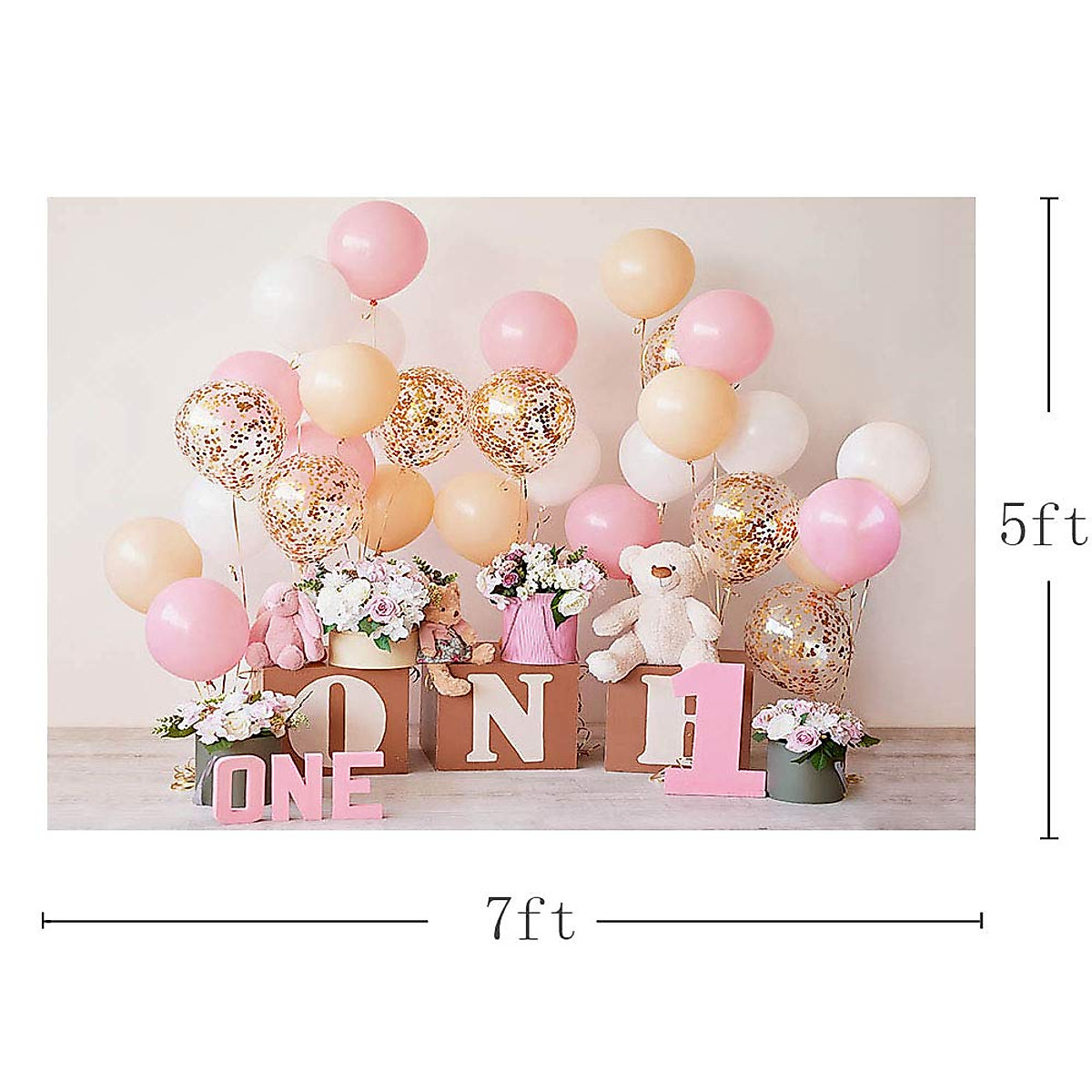 MEHOFOND 7x5ft Pink Gold Balloon First Birthday Party Backdrops for Baby Girl Sweet One Floral Photography Background Portrait Photo Studio Decoration Photo Banner Props for Cake Smash