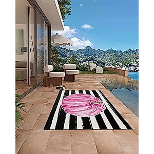 Outdoor Rug 4' x 6', Thanksgiving Fall Large Area Rugs for Patio/RV/Deck/Porch/Indoors, Black and White Striped Pink Pumpkin Water Absorption Camping Rug Carpet, Lightweight Washable Rug Runners