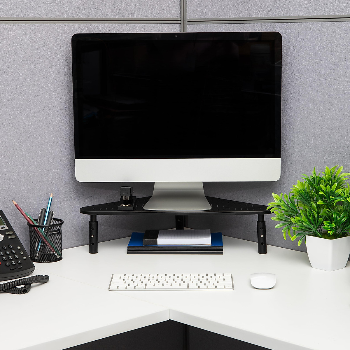 Mind Reader Triangle Monitor Stand, 40lb(18kg) Capacity, Adjustable Height, Ventilated, Metal, 19.5"L x 14.5"W x 5.5"H, Black