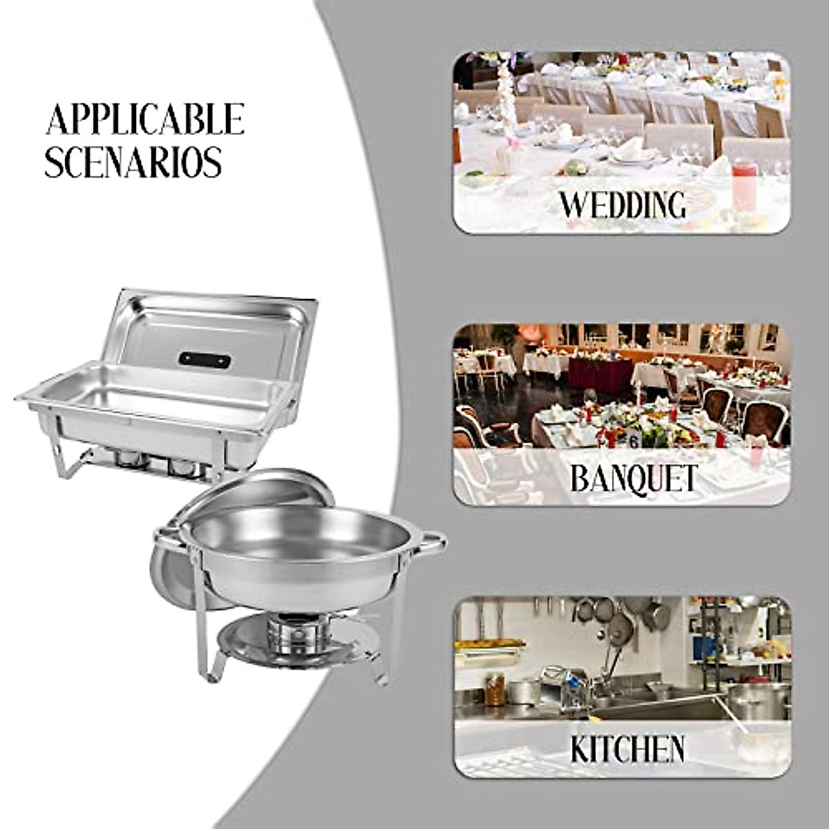 Restlrious Chafing Dish Buffet Set 4 Pack, Stainless Steel 5 QT Round & 8 QT Rectangular Foldable Chafers and Buffet Warmers Set, Full Size w/Water Pan, Food Pan, Fuel Holder & Lid for Catering Event