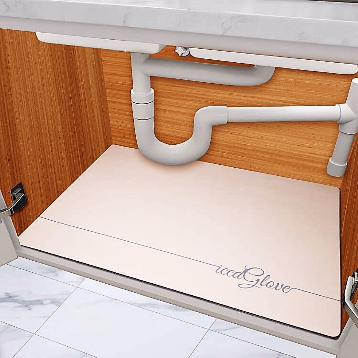 Under Sink Mat for Kitchen Waterproof ,34*22" Reusable Under Sink Mat Liner ,Absorbed Water,Rubber Backed,Non Slip,Quick Dry, can be Cropped,Durable Sink mat to Protect Cabinets, Machine Washable