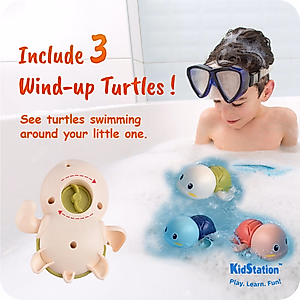 KidStation® - Baby Bath Toys for Toddlers 1-3, Kids 3-4 Years Old - Lion Bathtub Toys with Bubble Foam Maker + 3 Wind-Up Swimming Turtles - Gift Card Included for Christmas and Birthday