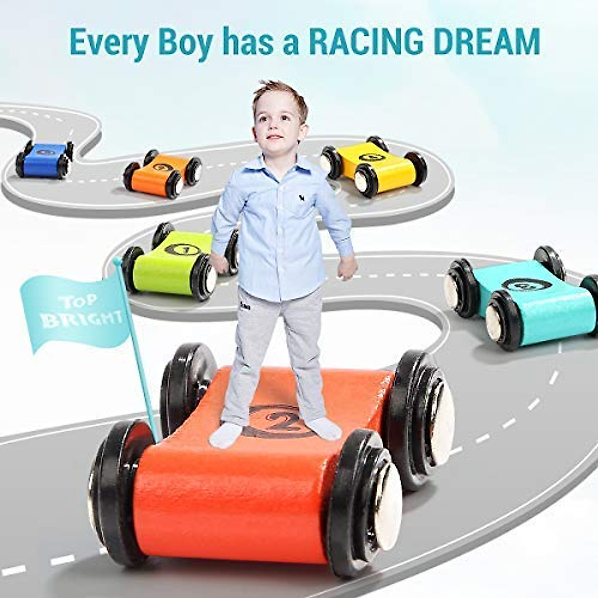 TOP BRIGHT Toddler Toys Race Track for 2 Years Old Boy Gifts - Baby Car Toy Car Ramp Vehicle Playsets with 4 Wooden Cars & Garage