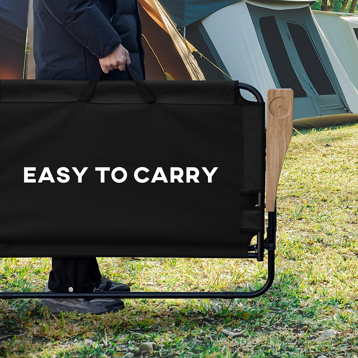 Outsunny Double Folding Camping Chair, Loveseat for 2 Adults, Portable Camping Couch with Wood Armrest & Cupholders, for Backpacking, Beach, Sports Travel, Black