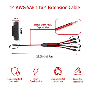 Billion wealth 14 AWG SAE Connector Splitter 2FT Y Splitter 1 to 4 SAE Extension Cable Brass DC Power Automotive Adapter Quick Disconnect Connector Compatible with Solar Connection and Transfer