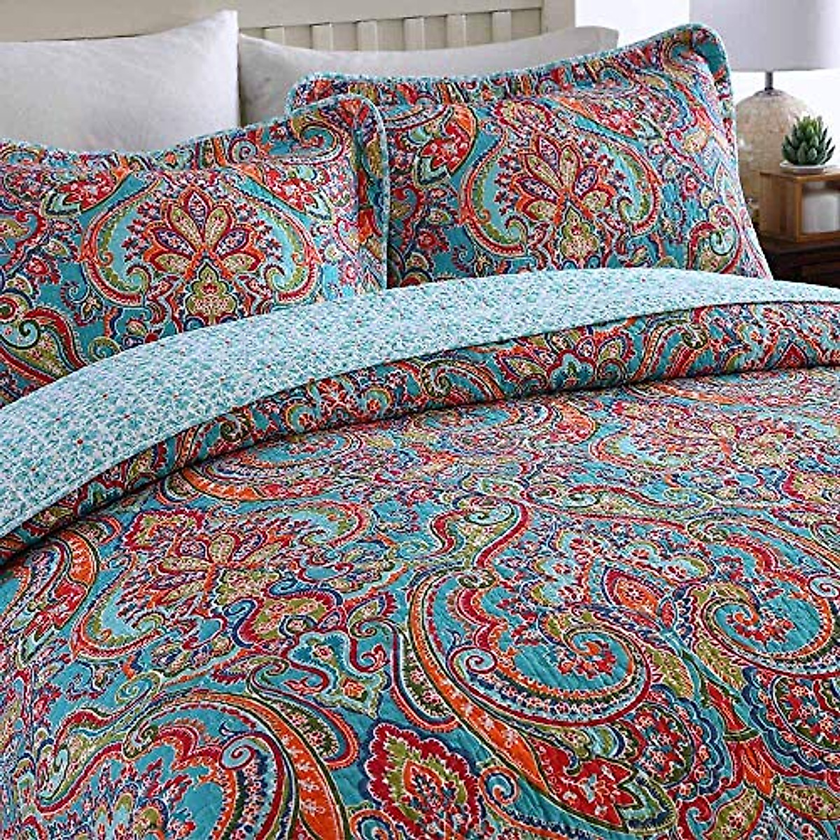 NEWLAKE Cotton Bedspread Quilt Sets-Reversible Patchwork Coverlet Set, European Gorgeous Floral Pattern, Queen Size