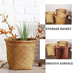 Operitacx Seagrass Waste Basket Woven Trash Can Garbage Can for Bedroom Garbage Container Bin Wicker Rattan Laundry Hamper Plant Pot Storage Basket for Bathroom Kitchen Home Office (10.4X11.4 inch)