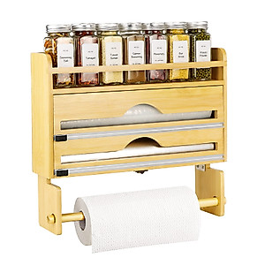 Foil and Plastic Wrap Organizer, Bamboo Aluminum Foil Dispenser with Paper Towel Holder, Compatible with Foil, Wax Paper, Kitchen Paper Towel and Spice Jars