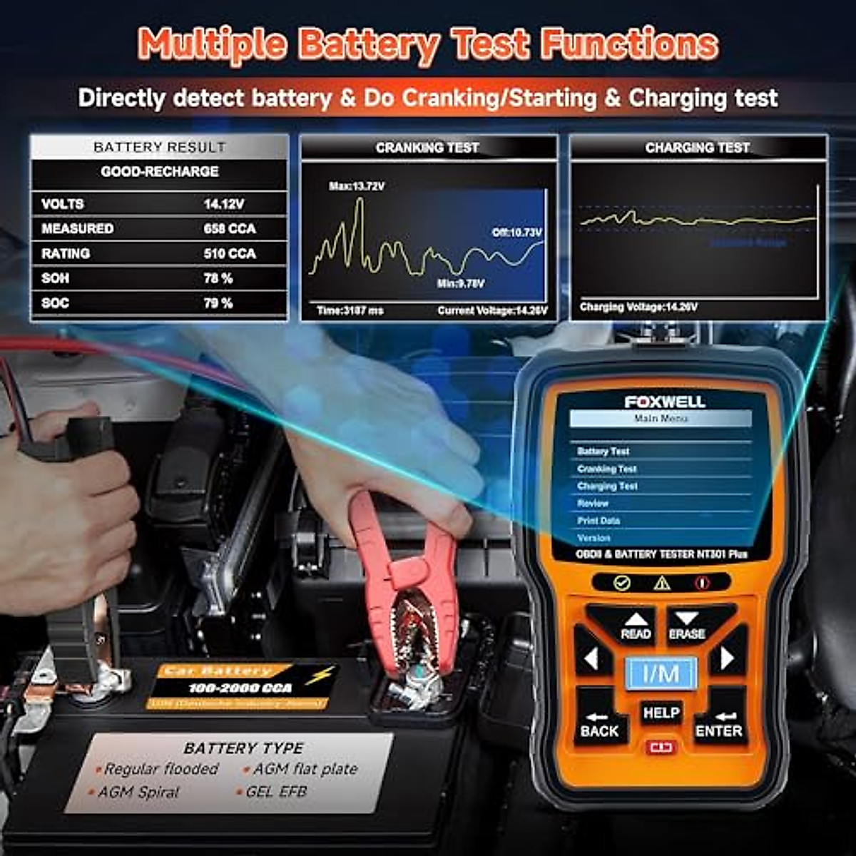 FOXWELL NT301 Plus 2 IN1 OBD2 Scanner Battery Tester, OBD2 Scanner Diagnostic Tool Check Engine Car Code Reader, 12V 100-2000 CCA Battery/Charging/Cranking Test, EVAP Live Data, Full OBDII Diagnosis