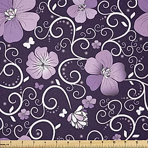 Ambesonne Floral Fabric by The Yard, Butterfly Silhouettes with Plant Flower Patterned Design Swirls Curves, Stretch Knit Fabric for Clothing Sewing and Arts Crafts, 1 Yard, Purple White