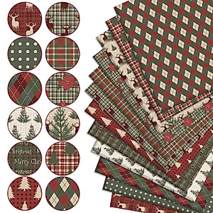 Whaline 12Pcs Christmas Cotton Fabric Bundles Woodland Poinsettia Reindeer Tree Printed Fat Quarters Plaid Xmas Sewing Fabrics for DIY Handmade Crafting, 18 x 22 Inch