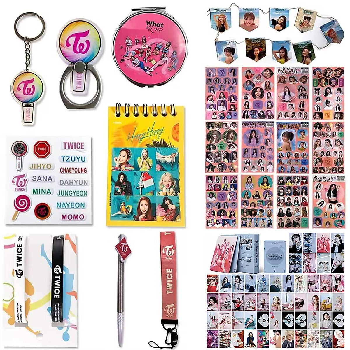 Fatyi Twice Gift Set with Lomo Card, Photocard Set, Merch With Sticker, 3D Sticker, Pen, Mirror, Wristband, Lanyard, Notebook and Hanging Flag, Kpop set