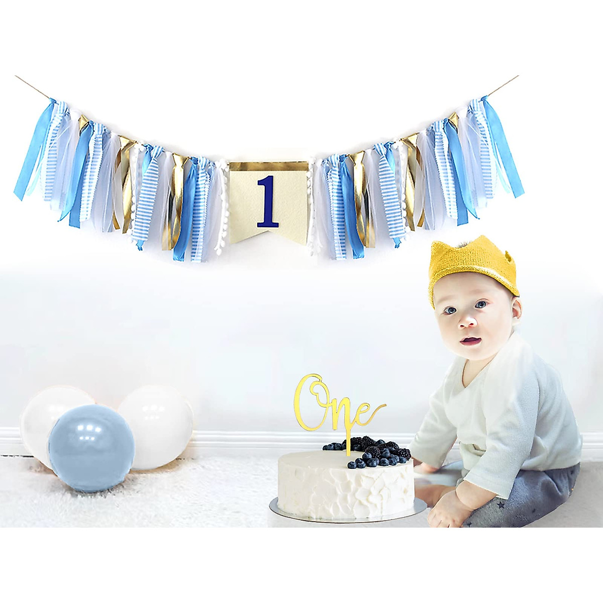 Baby Boy 1st Birthday Party Decorations by innerspark, Blue and Gold set, Ribbon High Chair Banner, Birthday crown hat, Gold Cake Topper