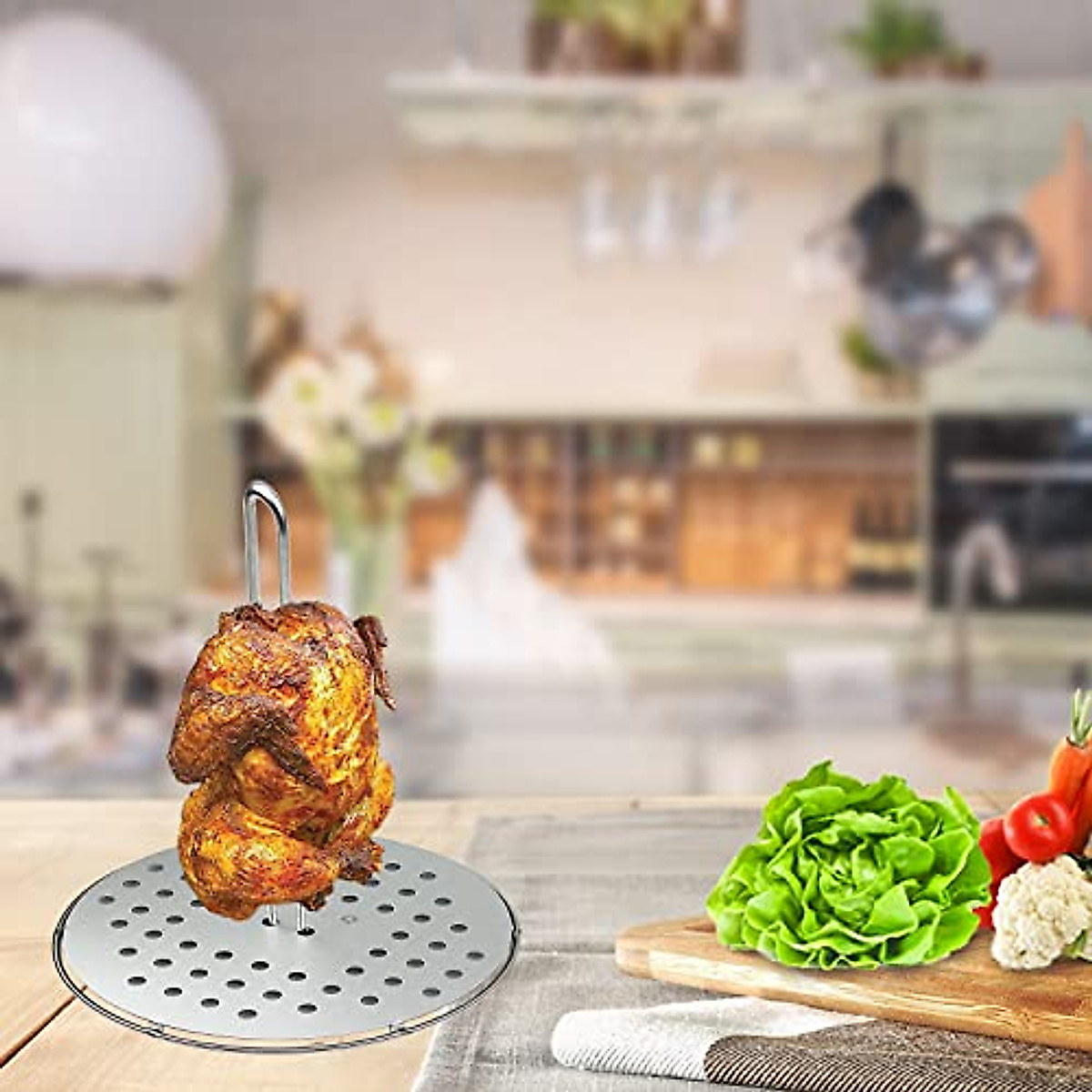 Buxiffod Turkey Fryer Rack, Poultry Deep Frying Rack BBQ Vertical Chicken Roaster Holder Deep Fry Pot Grill Aluminum Racks with Chrome Finish Wire Handle Lifter Hook Detachable
