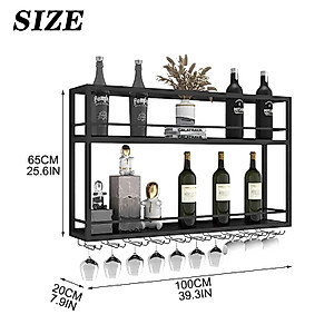 Industrial Wall Mounted Wine Rack, 2-Tier Wood Wine Bottle Shelf with Stemware Rack, Black Wine Glass Rack Multi Functional Wine Storage Display Rack for Home Bar Dining Room Kitchen (39.3×7.8×26in)