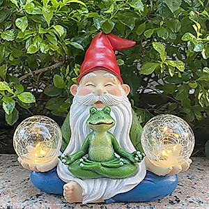 REYISO Solar Garden Sculptures & Statues,Outdoor Summer Gnomes Statues with Yoga Frog,Zen Solar Gnomes Decorations for Yard Lawn Patio Pathway, Funny Garden Decor Gnomes Statue Gifts