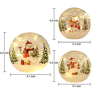 YEAHOME Christmas Decorations Indoor, Set of 3 Crackle Glass Ball with LED Lights Christmas Snowman Home Decor, Christmas Table Decorations Lighted Globes with Timer for Mantel Fireplace Tabletop