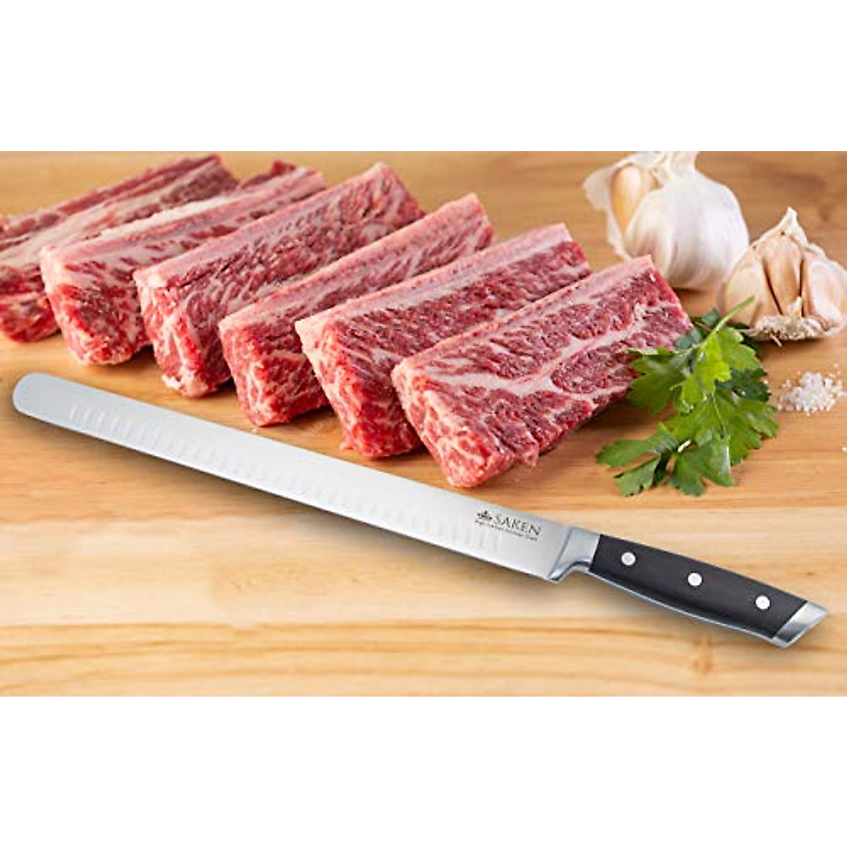 Saken 12-inch Granton Edge Slicing Knife - High-Carbon German Steel Carving Knife with Satin-Finished Black Ergonomic Handle - Multipurpose Slicing Kitchen Knife for Meat, Fish, Brisket, Veggies