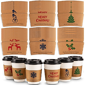 Whaline 60 Pack Christmas Coffee Cup Tea Cup Sleeves 6 Designs Kraft Paper Sleeves for 12 and 16oz Paper Cup Disposable Corrugated Cup Paper Jacket for Hot Chocolate Cocoa or Cold Beverage