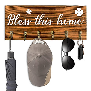 AHYS Key Holder Wall Mount Rustic Bless This Home Wall Decor Key Holder for Wall Key Hanger Key Rack with 6 Key Hooks Wall Key Holder for Entryway Living Room Bedroom - Brown