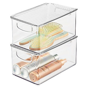 mDesign Deep Plastic Bathroom Storage Bin Box, Lid/Built-in Handles, Organization for Makeup, Hair Styling Tools, Toiletry Accessories in Cabinet, Shelves, Ligne Collection, 2 Pack, Clear