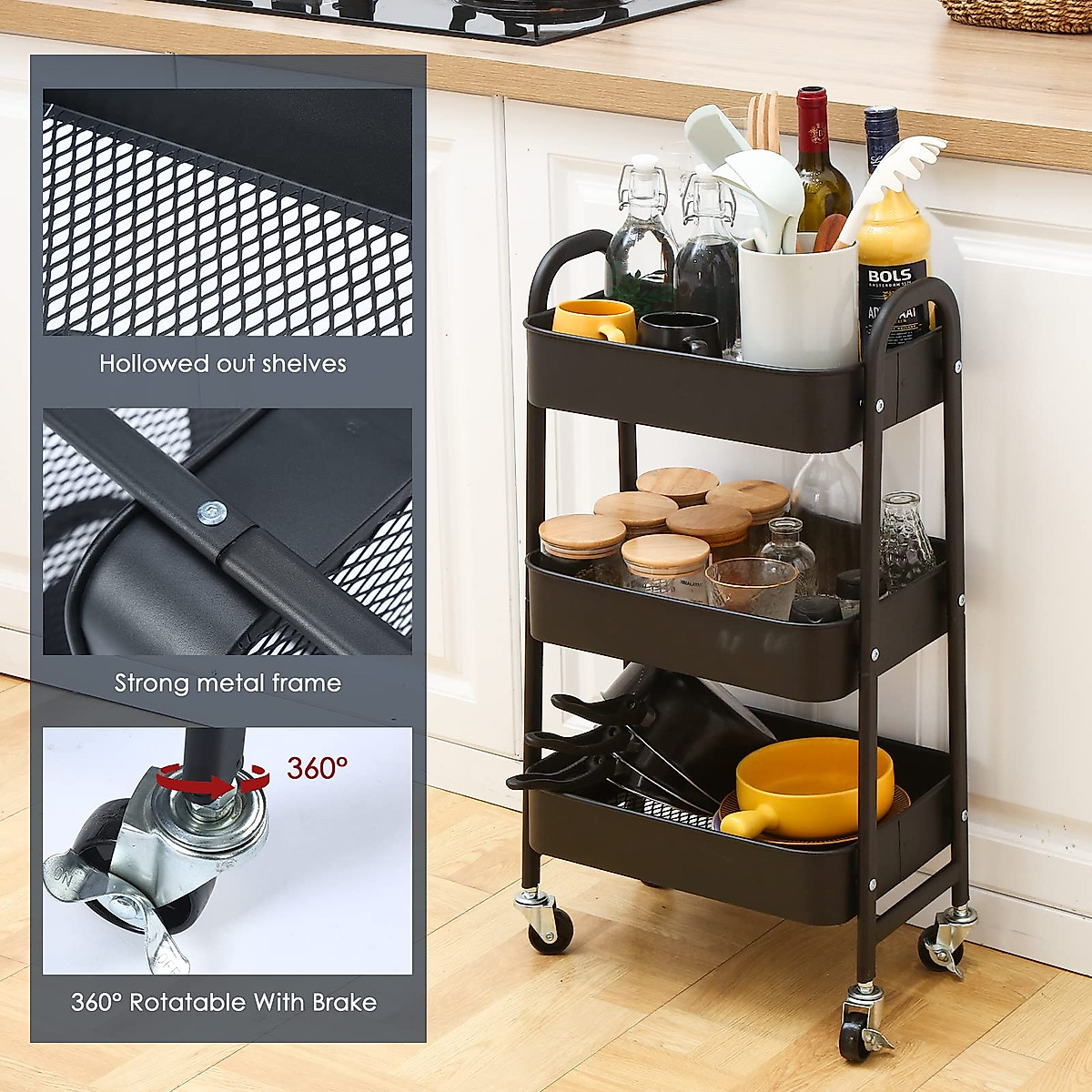 WELL-STRONG Metal Storage Trolley - 3-Tier Rolling Cart with Lockable Wheels - Multi-Purpose Utility Cart with Handle - Mobile Shelving Organizer for Bathroom, Office, Kitchen, Bedroom, Garage Black