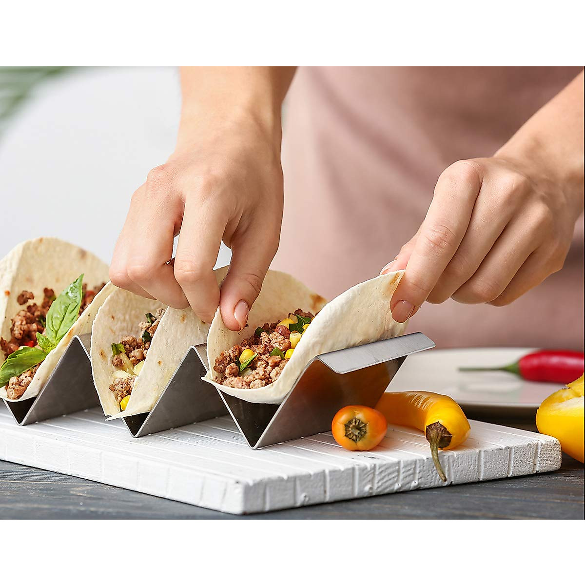 Taco Holders Stainless Steel Set of 2 for Taco Tuesday Taco Night - Sturdy, Easy to Clean & Restaurant Quality Taco Holder Stand - Taco Stands for 3 Tacos - Holds Large Small Hard Soft Shell - 2 Packs