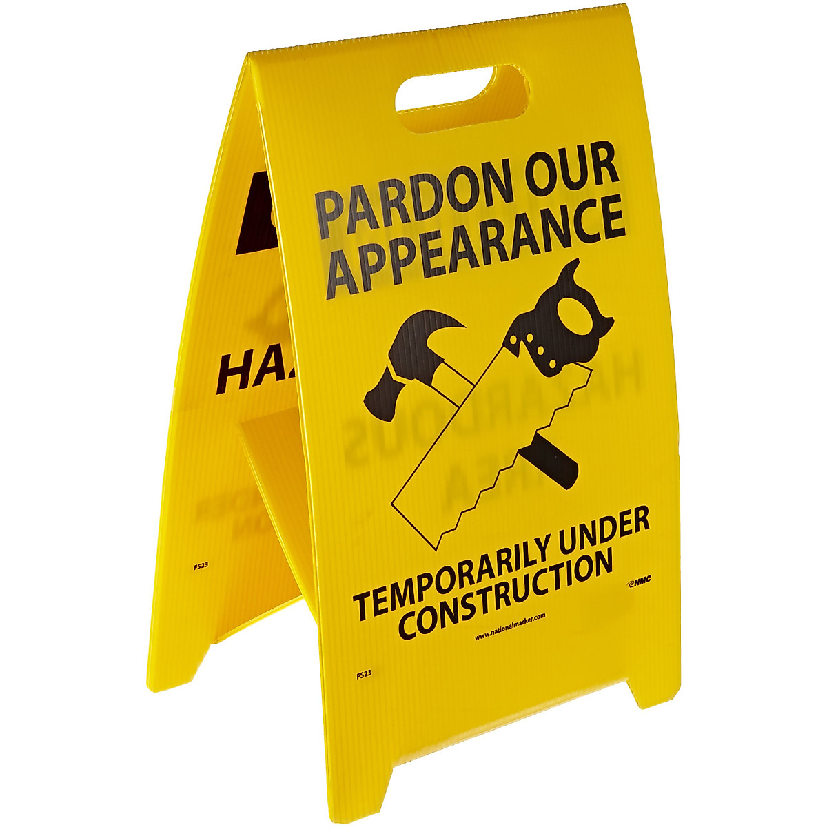 NMC FS23 Double Sided Floor Sign, Legend "PARDON OUR APPEARANCE TEMPORARILY UNDER CONSTRUCTION CAUTION HAZARDOUS AREA" with Graphic, 12" Length x 20" Height, Coroplast, Black on Yellow