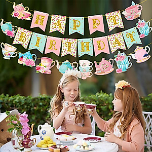 Floral Tea Happy Birthday Party Banner Tea Party Hanging Decorations 3Pcs Tea Cutout Banners Teapot Banners for Afternoon Tea Time Theme Baby Shower Supplies