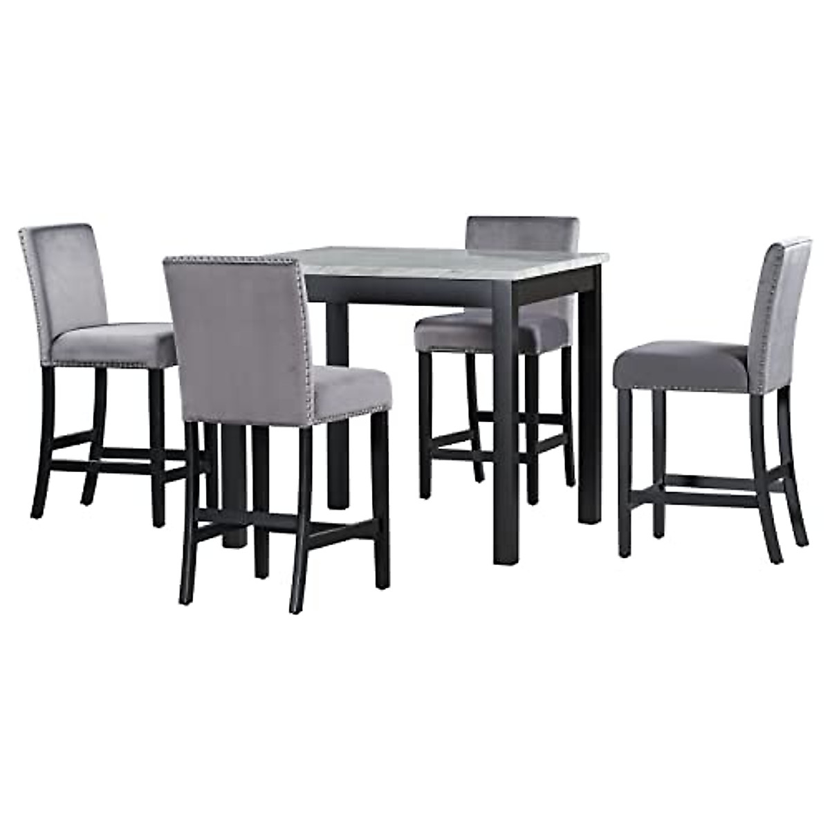 Bellemave 5-Piece Counter Height Dining Table Set Kitchen Table Set with 1 Faux Marble Dining Table and 4 Upholstered-Seat Chairs Square Dining Room Set of 4 for Kitchen, Dining Room (Grey)