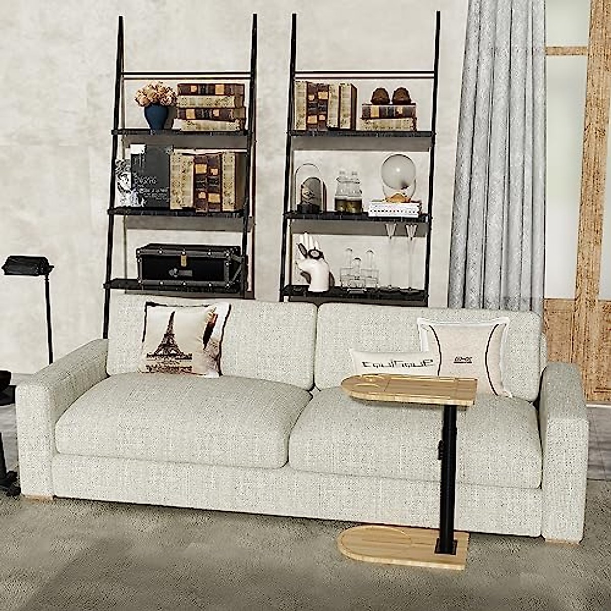 YUHFERA 360° Swivel Sofa Tray Table for Couch Arm - Height Adjustable End Table for Bed or Chair with Phone & Tablet Slots, TV Tray Table, Side Table Tray for Small Spaces（Bamboo）