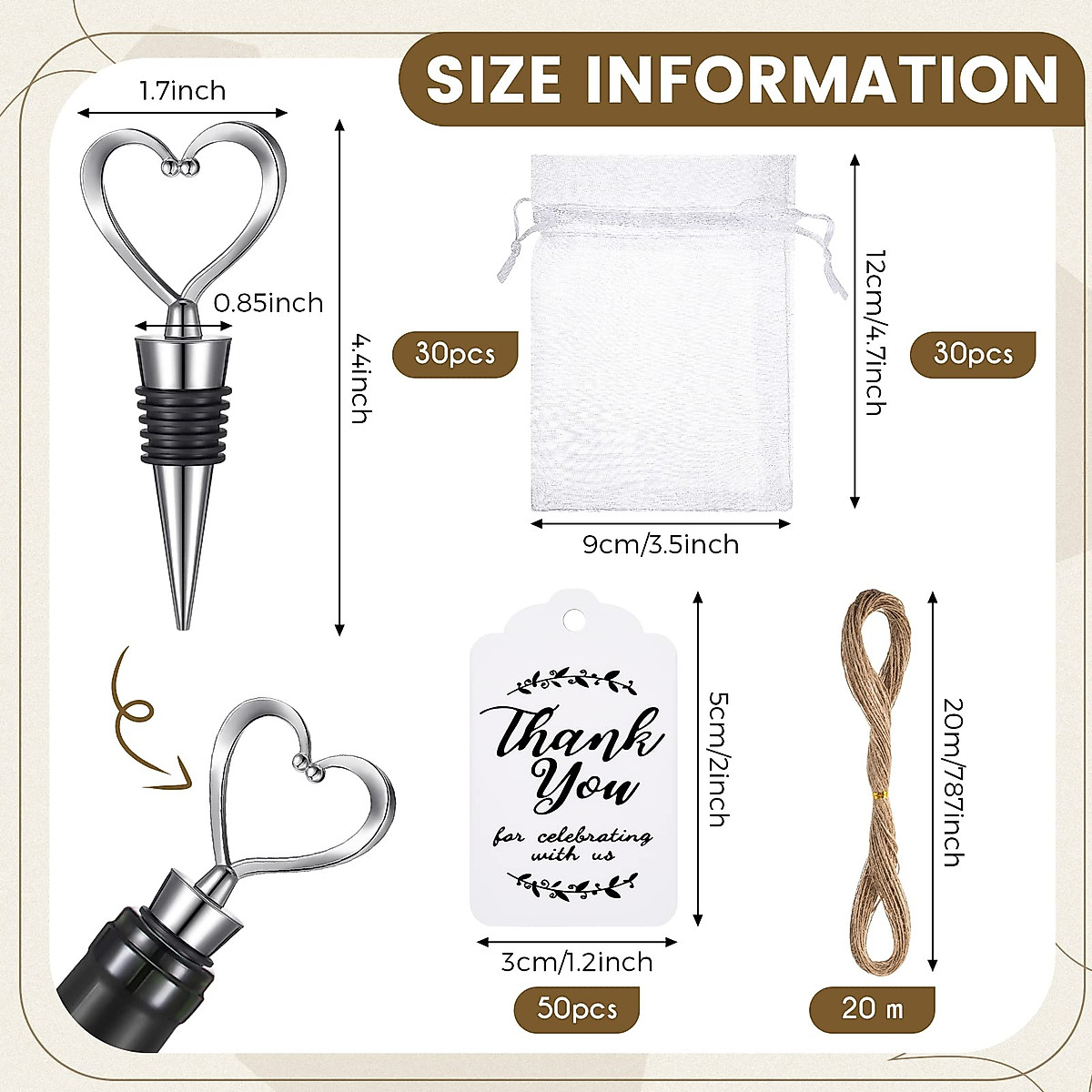 30 Pcs Heart Shape Wine Stoppers Love Wine Bottle Stopper silver Champagne Beer Bottle Stopper 50 Pcs White Kraft Labels 30 Pcs Sheer Bags with String for Wedding Gift Valentine's Day Decorations