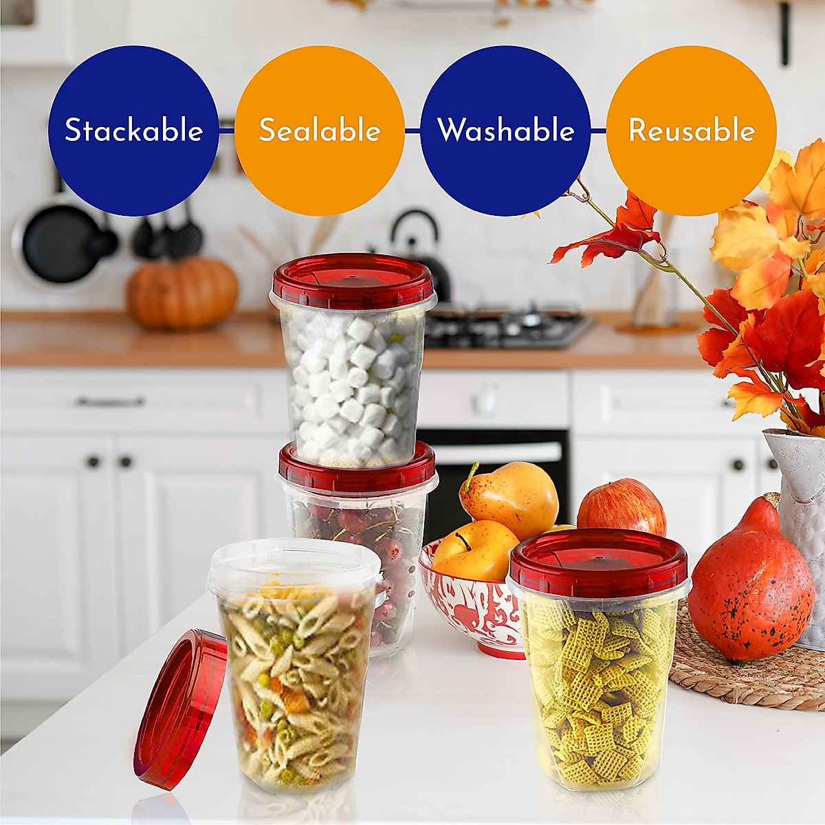 AQUA BLUE Soup Freezer Storage Containers with Twist Top Lids [32 Oz 10 Pack] Reusable Plastic Food Quart Storage Container with Screw On Lids, Leakproof, Stackable, Microwave Safe BPA Free