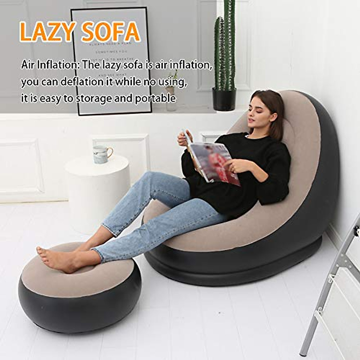 Inflatable Lounge Chair for Adults, Folding Portable Lazy Sofa with Foot Stool Lazy Flocking Recliner Chair Air Couch Sofa for Indoor Livingroom Gaming Bedroom Office Balcony, Outdoor Travel Camping