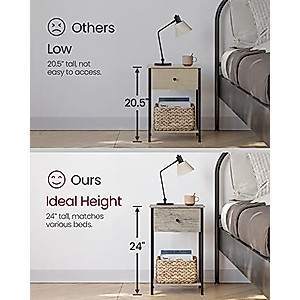 VASAGLE Nightstand, Side Table with Fabric Drawer, 24-Inch Tall End Table with Storage Shelf, Bedroom, Greige and Black ULGS021B02