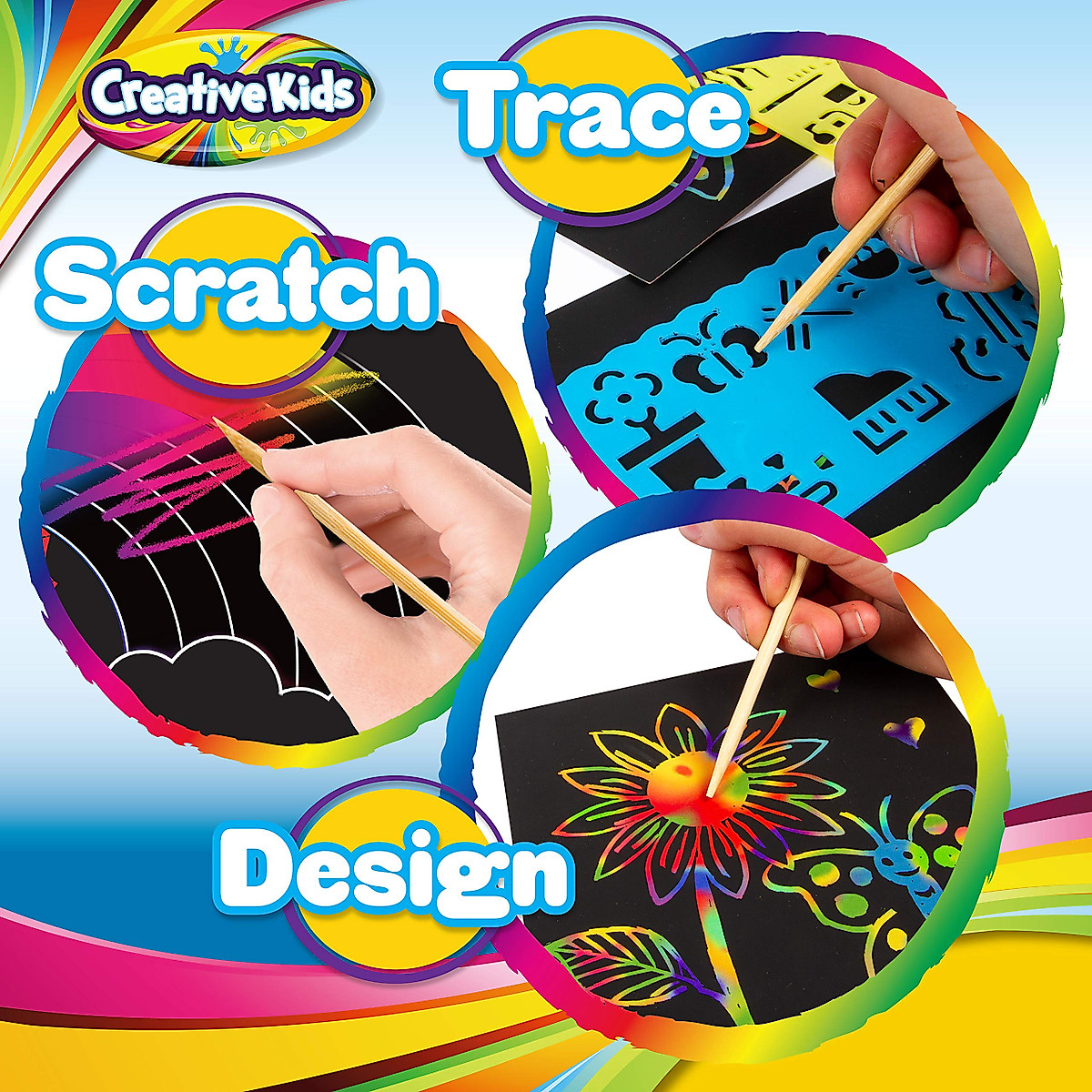 Creative Kids Rainbow Scratch Paper Craft Set - 185 Pieces Scratch Paper Art Kit - Black Scratch Off Pad - Magic Scratchboard Sheets, Stencils - Great Family Activity - Gift for Girls and Boys 4+