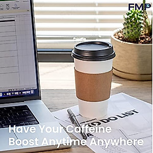 Fit Meal Prep [50 Pack] 16 oz Hot Beverage Disposable White Paper Coffee Cup with Black Dome Lid and Kraft Sleeve Combo, Medium Grande