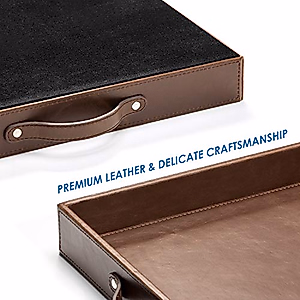 Ranslen Square Leather Serving Tray with Handles, 15"x15" Table Trays for Ottoman Coffee Table, Decorative Tray for Home Organizer Living Room Kitchen Food Tray, Breakfast Tray in Bed, Brown