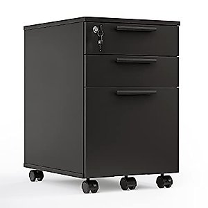 STARY 3 Drawer Wood Fully Assembled Except for Casters Black Rolling Lock Under Desk File Cabinet on Wheels